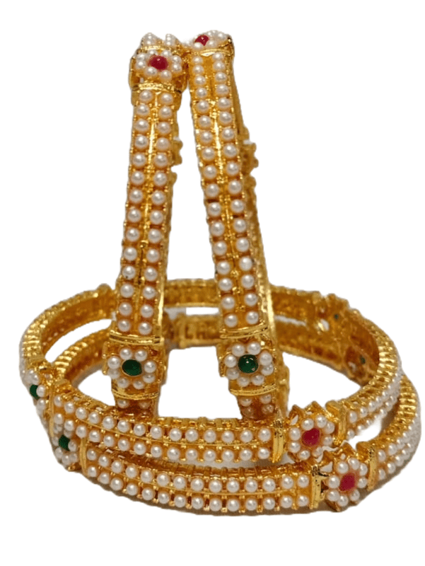 Pearl and Gold Bangles with Floral Design