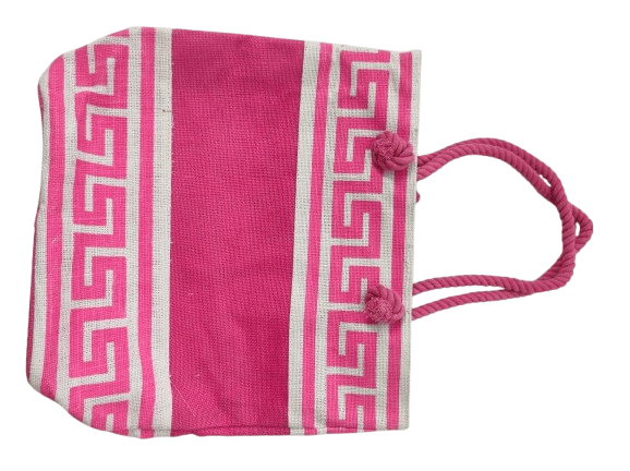 Pink and White Striped Tote Bag with Greek Key Design