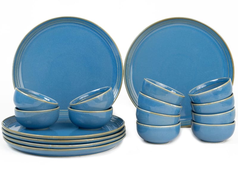 Mid Blue Ceramic Dinnerware Set - 18 Piece Set Includes Plates and Bowls
