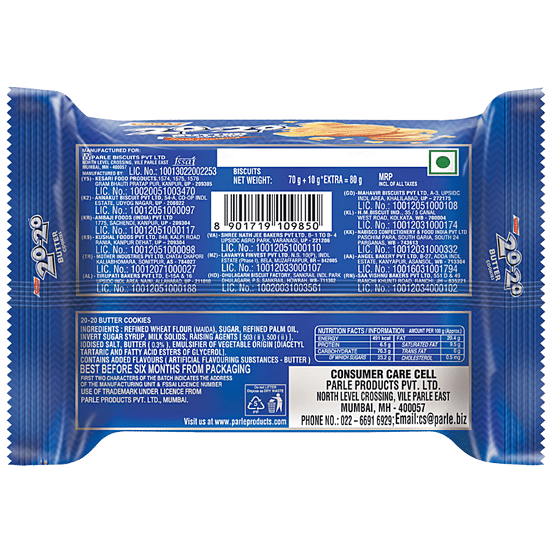 Parle 20, 20 Butter Cookies, 80 G Pouch