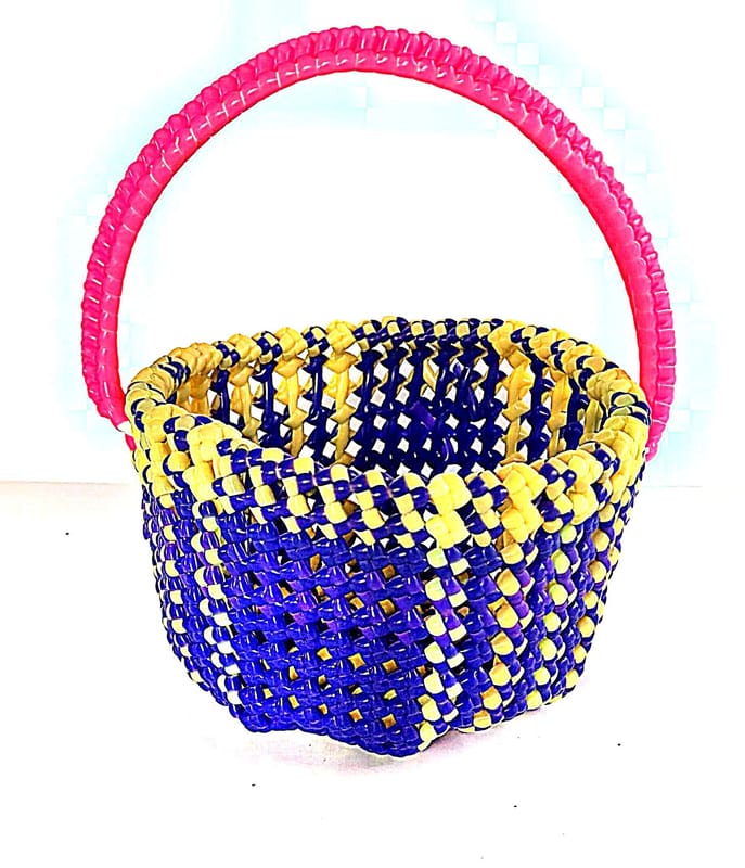 Handwoven Plastic temple Basket with Pink Handle